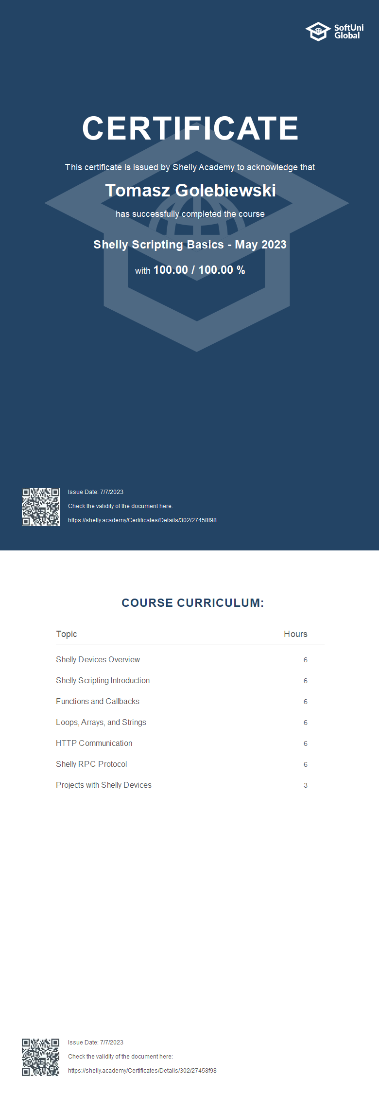 Certificate - Shelly Scripting Basics - May 2023 - Shelly Academy